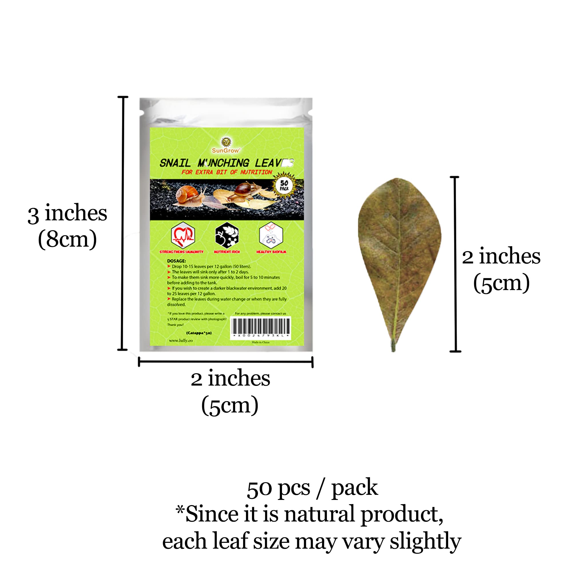 SunGrow 50 Pack Catappa Indian Almond Leaves for Snails and Crayfish, Mini Raw Dried Leaf for Fish Tank Aquarium, Maintains pH Levels