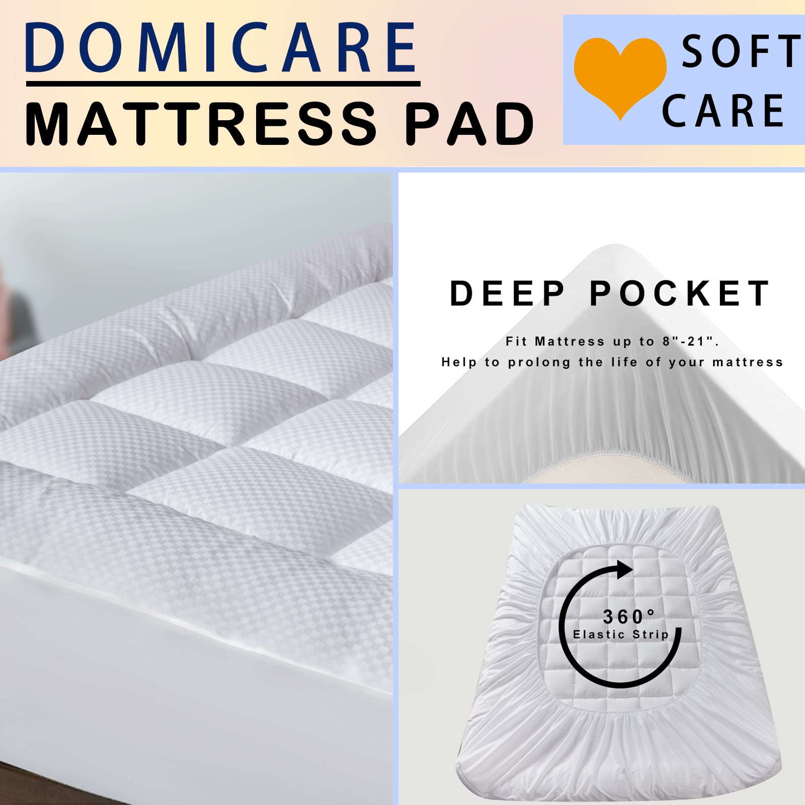 DOMICARE King Size Mattress Pad Cover Quilted Fitted Mattress Protector with Deep Pocket (8-21Inch), Cooling Mattress Topper Pillow Top-White