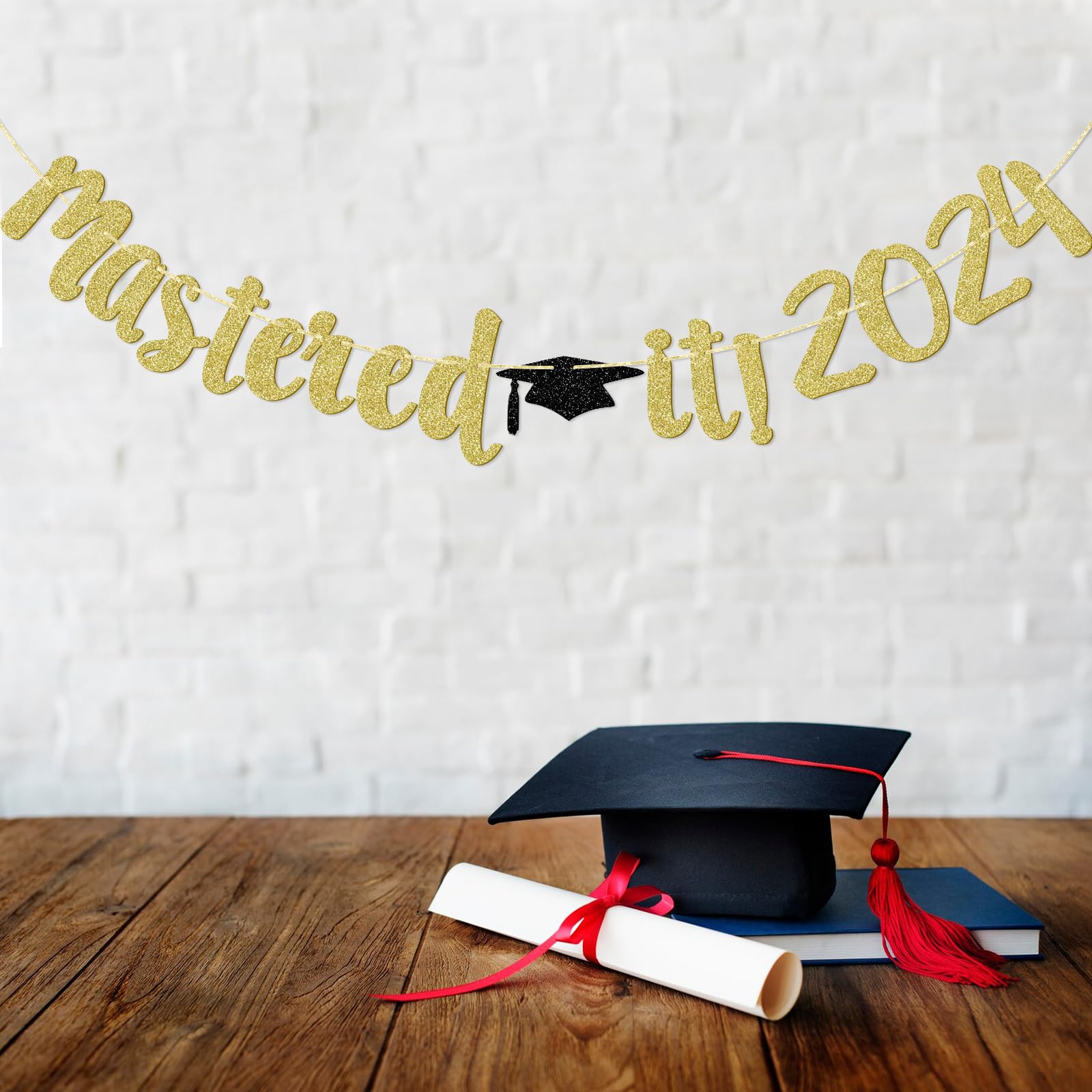 Mastered It 2024 Banner, Graduation Sign, Class of 2024 Congrats Grad Party Decorations Congratulations Assembled Photo Backdrop Supplies (Gold Glitter)