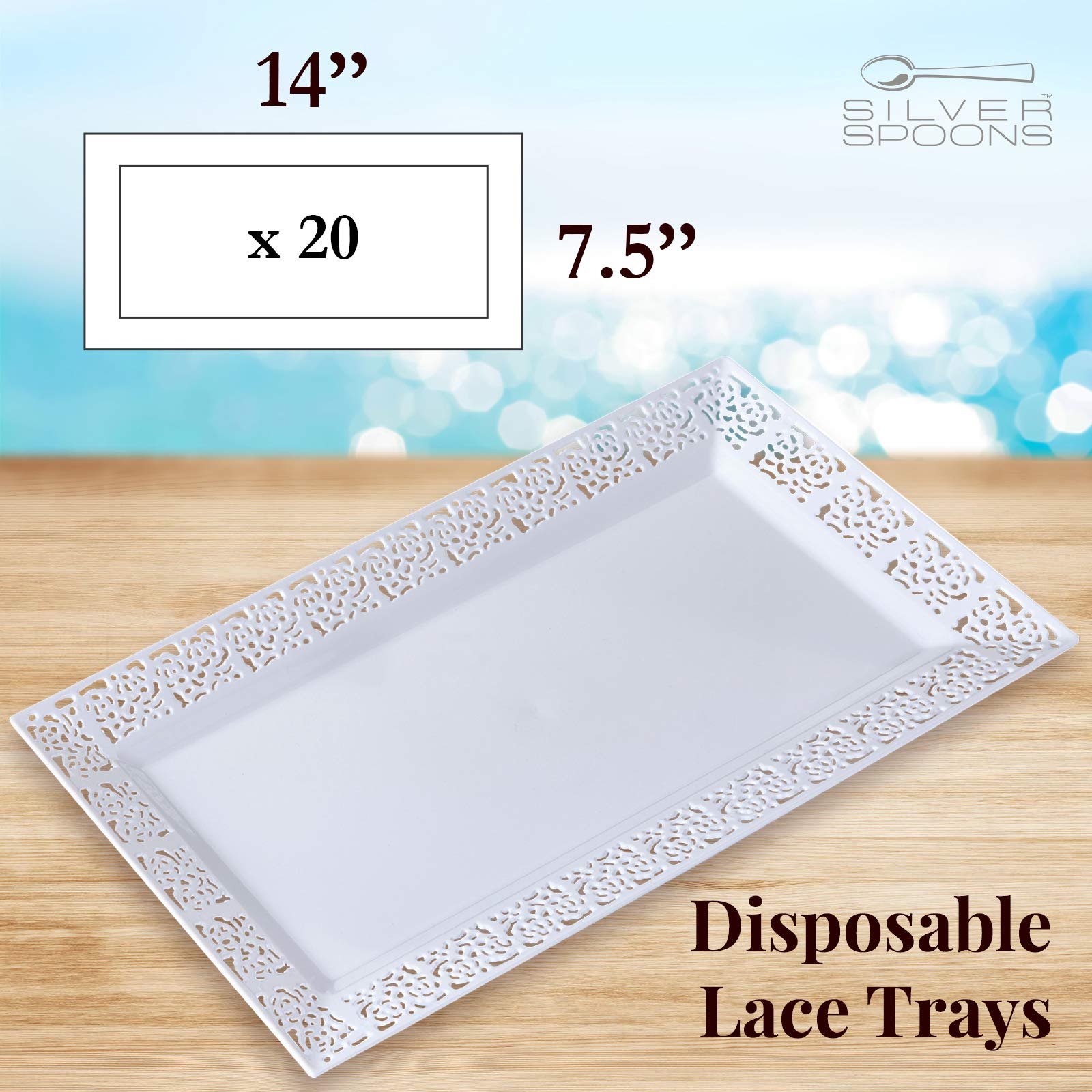 Silver Spoons DISPOSABLE LACE TRAYS | for Upscale Wedding and Dining | 6 pc | White | 14” x 7.5” -