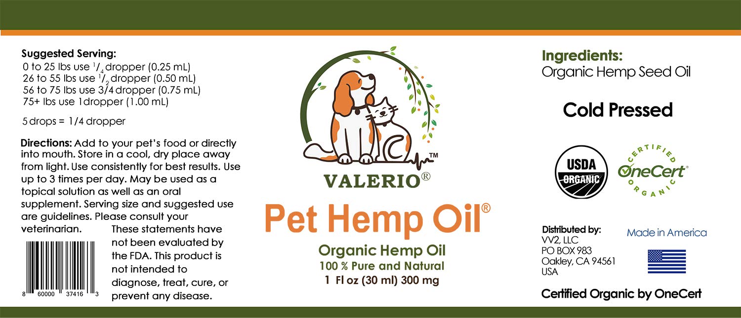 Valerio Pets Hemp Oil for Dogs and Cats - 1 Oz - Hemp Oil Drops with Omega Fatty Acids - Hip and Joint Support and Skin Health