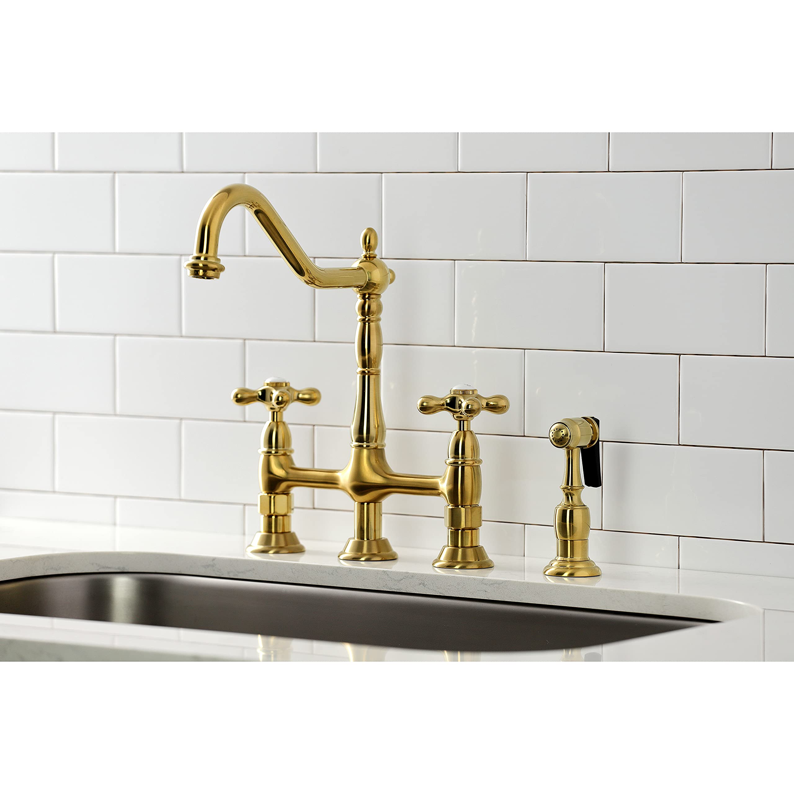 Kingston Brass KS1277AXBS Heritage 8-Inch Kitchen Faucet with Brass Sprayer, Brushed Brass