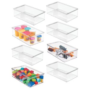 mdesign plastic playroom/game organizer box containers with hinged lid for shelves or cubbies, holds toys, building blocks, puzzles, markers, controllers, or crayons, ligne collection, 8 pack, clear