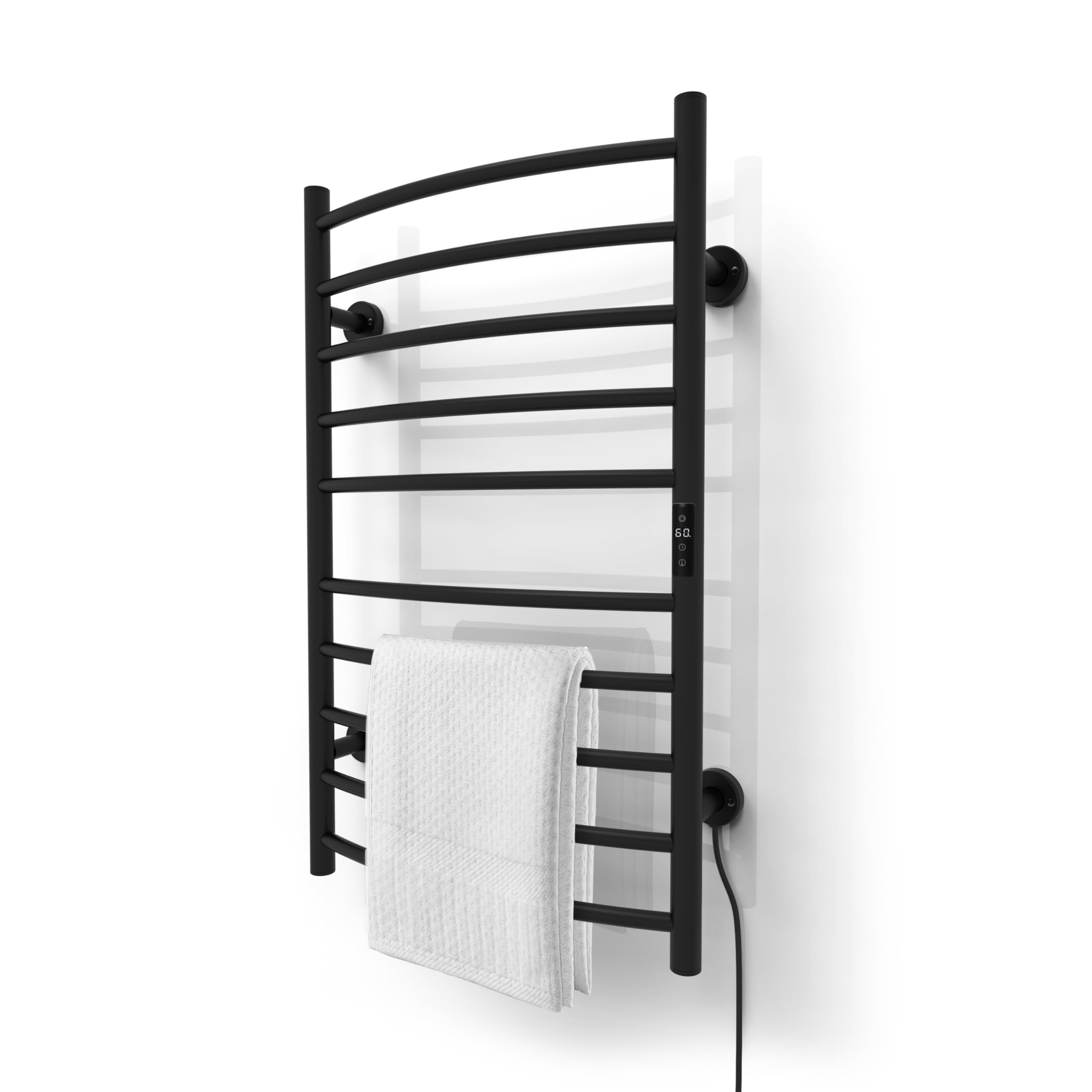 Odass | Towel Warmer | Built-in Timer with Led Indicators | Timer Modes: 1 H to 8 H, ON/Off | Temperature 30 to 60 °C (86 to 140 °F) | Wall Mounted | 10 Curved Bars | Matte Black