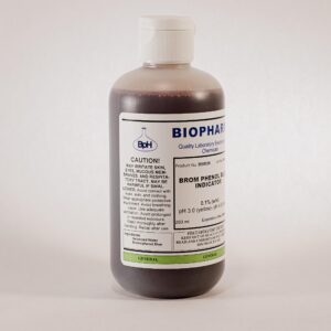 Bromophenol Blue Indicator 0.1% (w/v) Aqueous Solution — 250 mL (8.4 fl oz) — Includes an Empty 50 mL Dropper Bottle and Dispensing Cap — pH 3.0 (Yellow)- pH 4.6 (Blue)