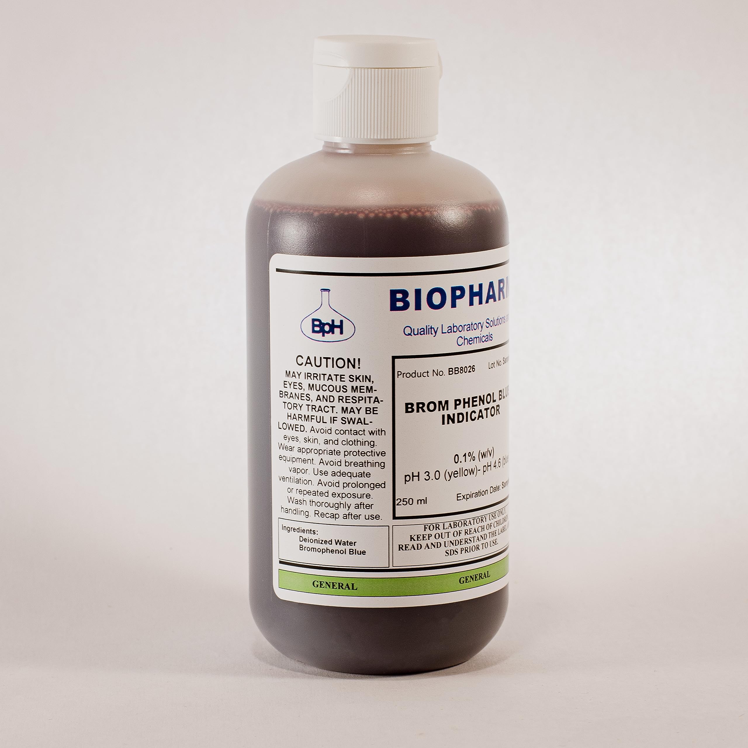 Bromophenol Blue Indicator 0.1% (w/v) Aqueous Solution — 250 mL (8.4 fl oz) — Includes an Empty 50 mL Dropper Bottle and Dispensing Cap — pH 3.0 (Yellow)- pH 4.6 (Blue)