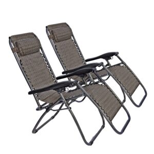 luckyermore adjustable textilene zero gravity chairs set of 2, diamond design outdoor folding reclining lounge chair with pillow, hold up to 300 lbs, patio recliners for pool beach, grey and brown