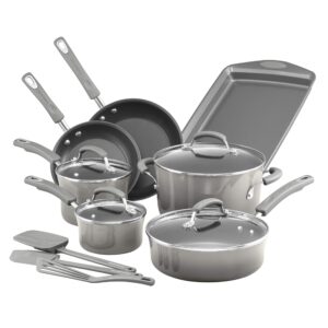 rachael ray brights nonstick cookware pots and pans set, 14 piece, sea salt gray