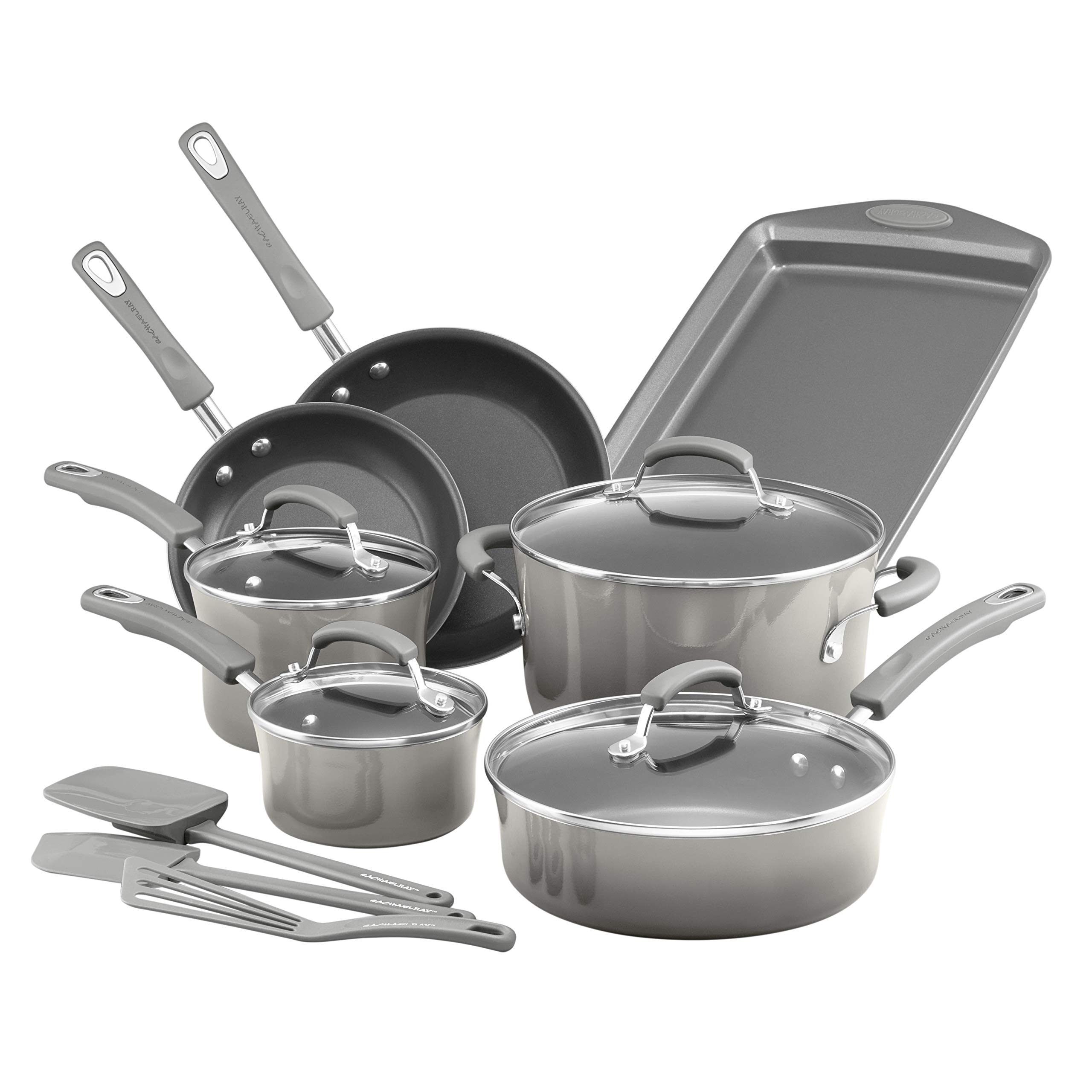 Rachael Ray Brights Nonstick Cookware Pots and Pans Set, 14 Piece, Sea Salt Gray