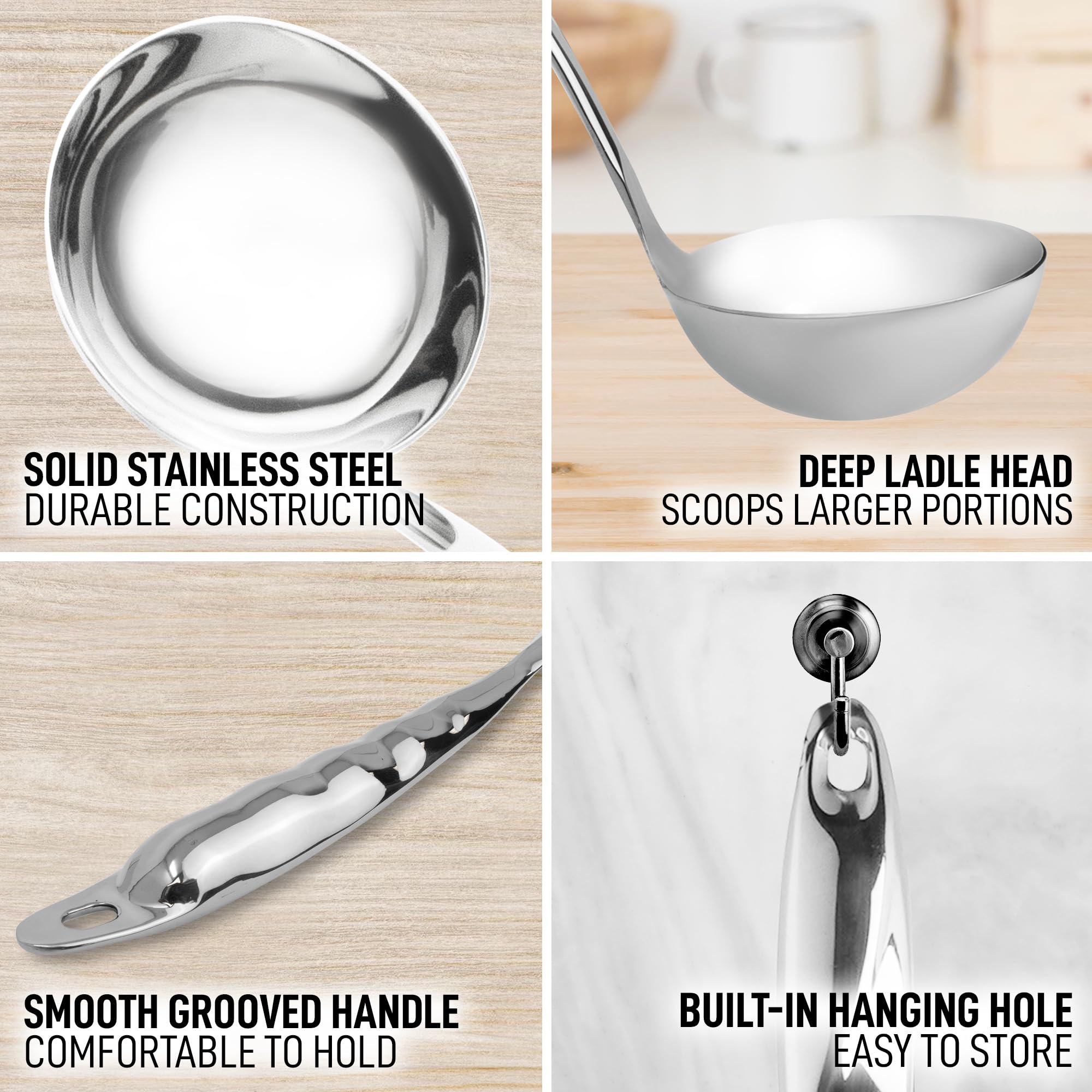 Zulay Kitchen Stainless Steel 13" Soup Ladle - Comfort Grid Steel Ladle with Long Handle and Ample Bowl Capacity Perfect for Stirring, Serving Soups and More - Heavy-Duty Metal Ladle