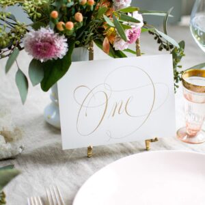 Weekend Paper Co. ™ Script Gold Wedding Table Numbers, Single-sided 4x6 Calligraphy Design, Numbers 1-25, Landscape format for Your Wedding, Reception, Anniversary, Birthday Party, or Any Celebration!