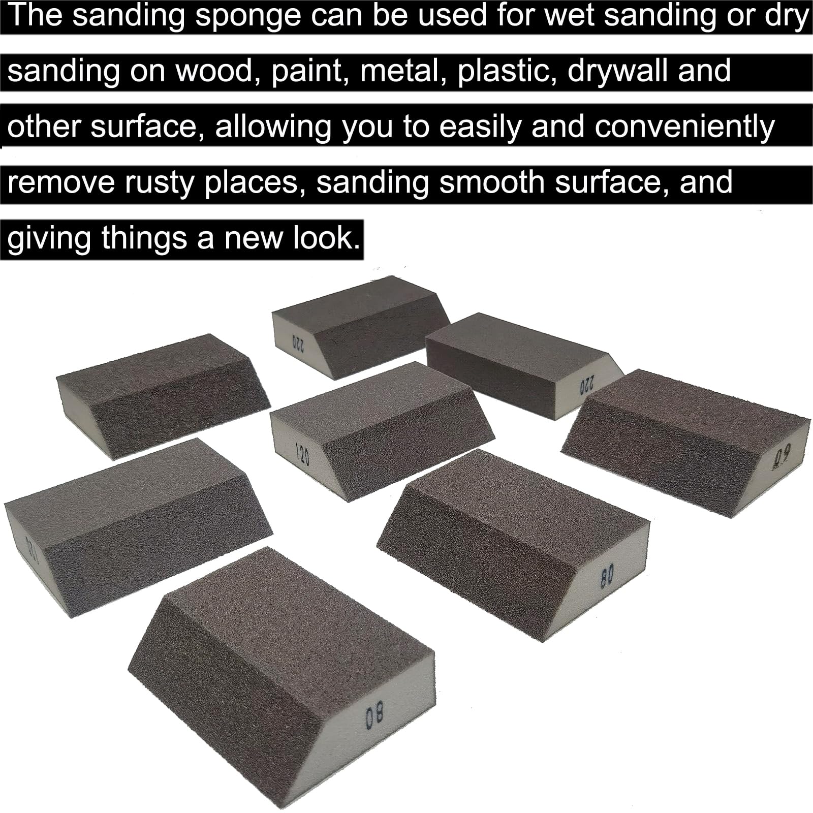 M-jump 8 Pack Single Sanding Sponge Kit- 60/80/120/220- Coarse Medium Fine Grit,Washable and Reusable Sanding Blocks for Wood-Working Sanding Metal Polishing