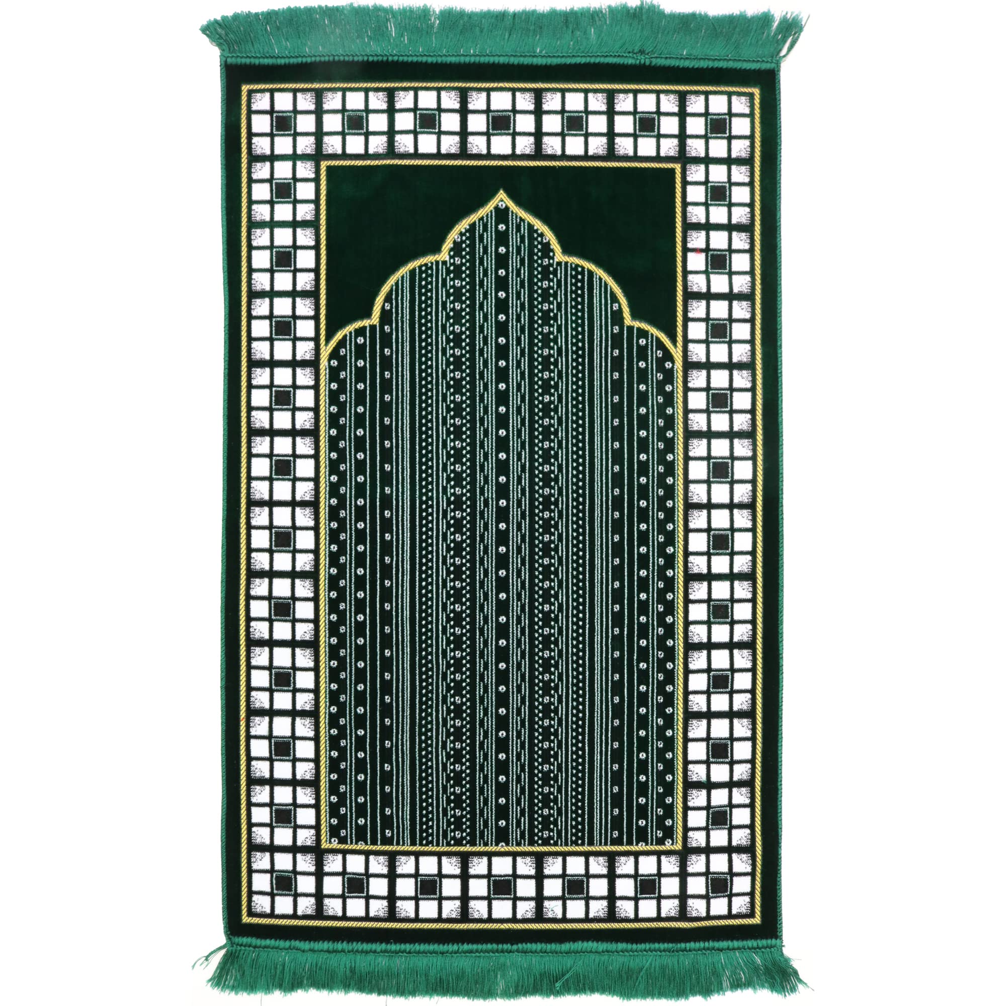 Modefa Turkish Islamic Prayer Rug - Thin & Lightweight Velvet Praying Carpet - Soft Muslim Praying Mat Janamaz - Ramadan or Eid Gift for Men & Women - with Car Hanger - Vined Arch (Green)