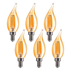 flsnt ca11 e12 led candelabra bulbs, dimmable led chandelier light bulbs, 40w equivalent, 2200k warm white light, 330lm, amber glass finishing, 6 pack