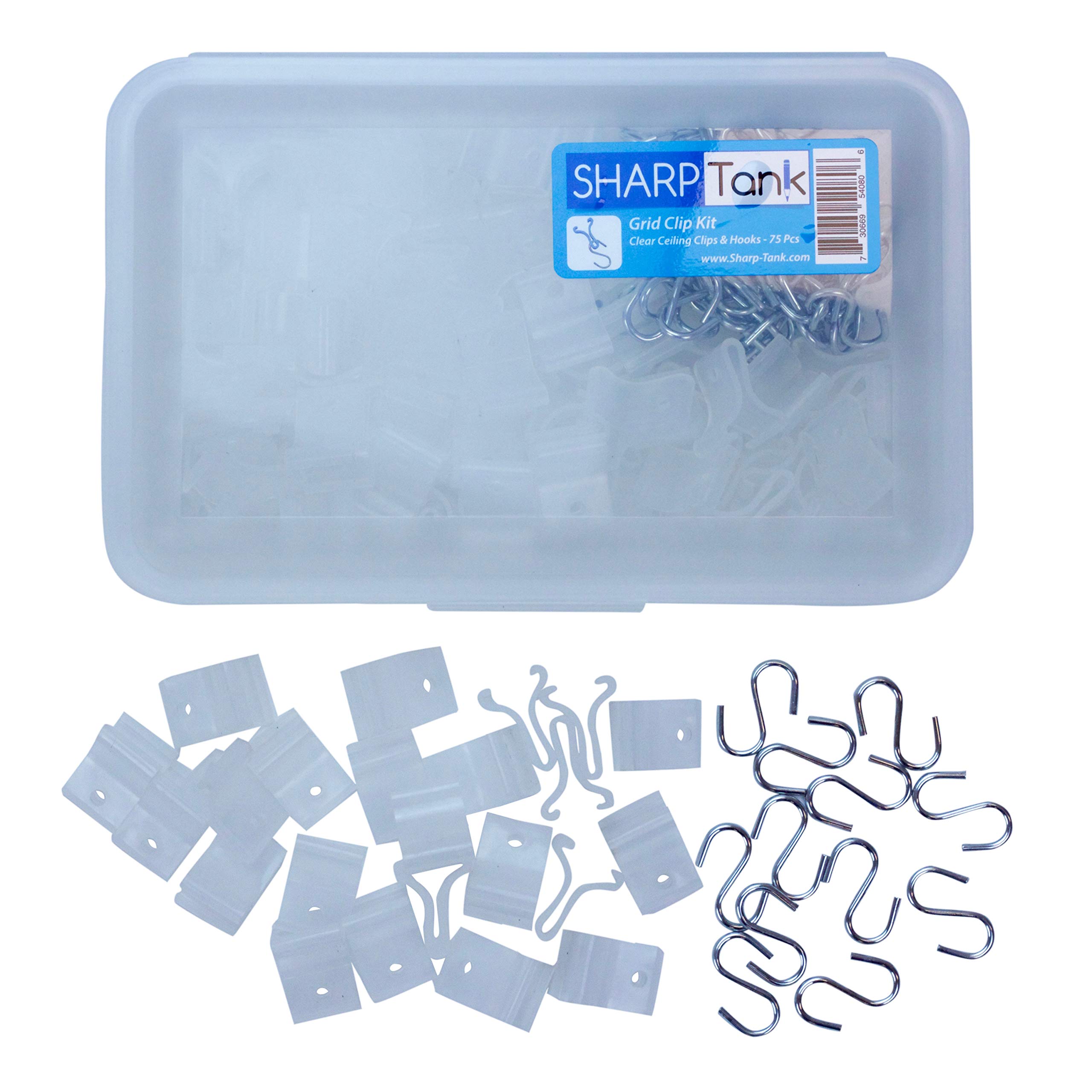 Clear Grid Clips - 150 Pc Set Ceiling Hook Kit (75 Clips, 75 Hooks) by Sharp Tank - Perfect for Hanging Classroom Decorations, Signs, Decore from Drop Ceiling T-Bar