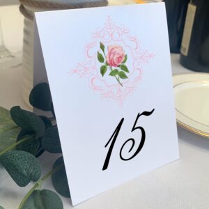 pink tea rose wedding table numbers, 1-10, double sided, tent or use in a stand, great for parties & restaurants - made in the usa