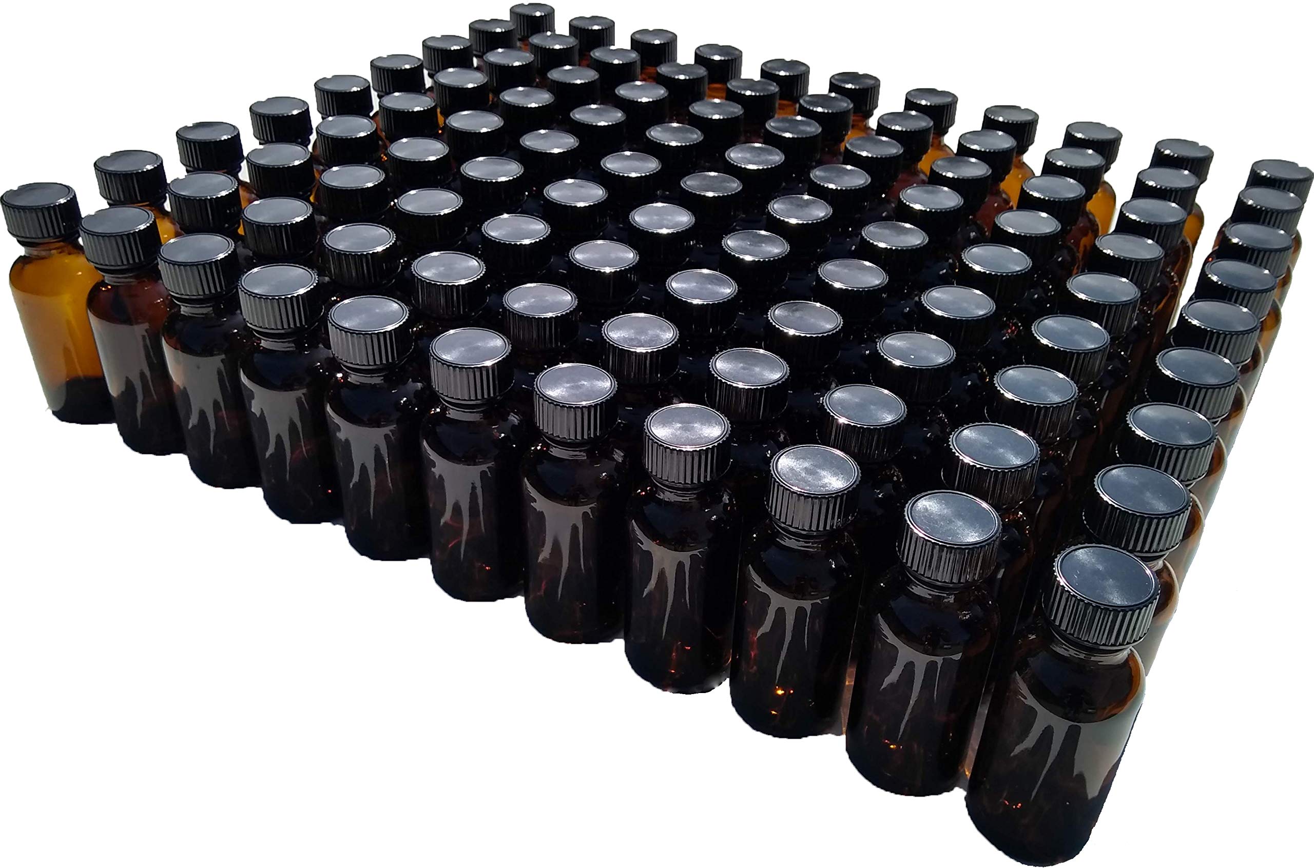 Dropper Stop® 1oz Amber Glass Boston Round Bottles (30mL) with Polycone Caps - Pack of 99