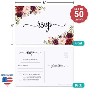 321Done RSVP Postcards (Set of 50) Red Roses Floral 4" x 6" - Blank with Mailing Side, Response Cards for Bridal Shower, Wedding, Party - Made in USA - White