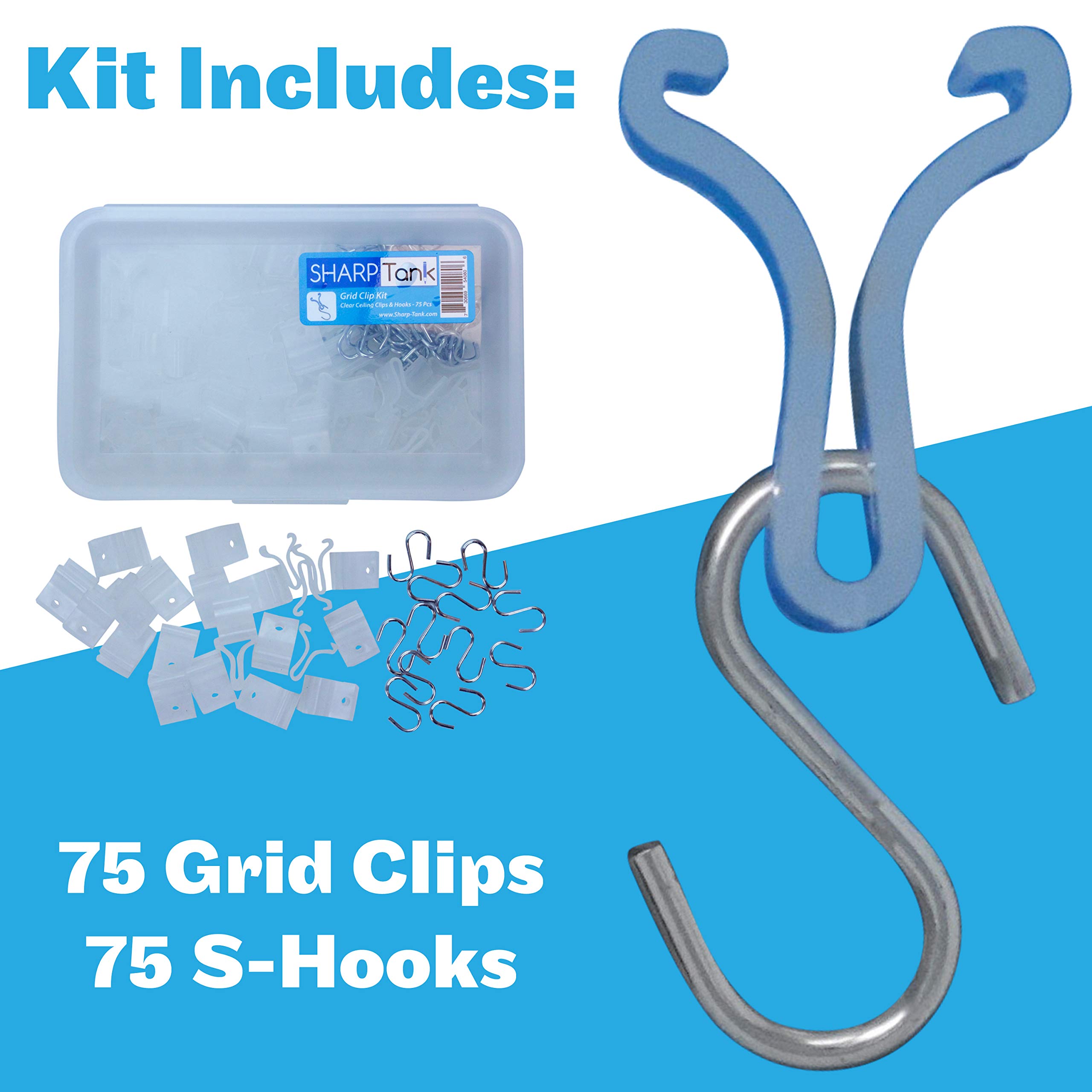 Clear Grid Clips - 150 Pc Set Ceiling Hook Kit (75 Clips, 75 Hooks) by Sharp Tank - Perfect for Hanging Classroom Decorations, Signs, Decore from Drop Ceiling T-Bar