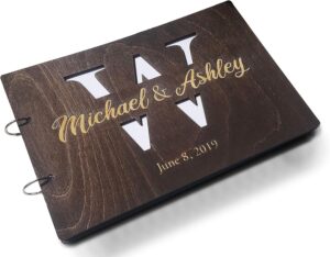 just customized personalized handmade mr mrs wedding guest book for bride and groom wood alternative custom engraved newlywed marriage album (chocolate walnut)