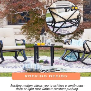 LOKATSE HOME 3-Piece Outdoor Patio Rocking Steel Furniture Bistro Set with 2 Rocker and 1 Metal Square Coffee Table(Khaki Thickened Cushion)