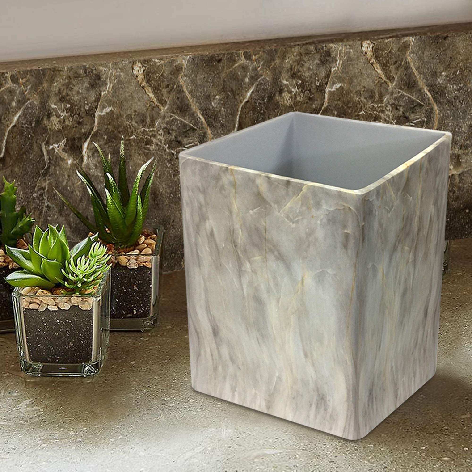 nu steel Stone Hedge Resin Decorative Small Trash Can Wastebasket, Garbage Container Bin for Bathrooms, Powder Rooms, Kitchens, Home Offices, Marble