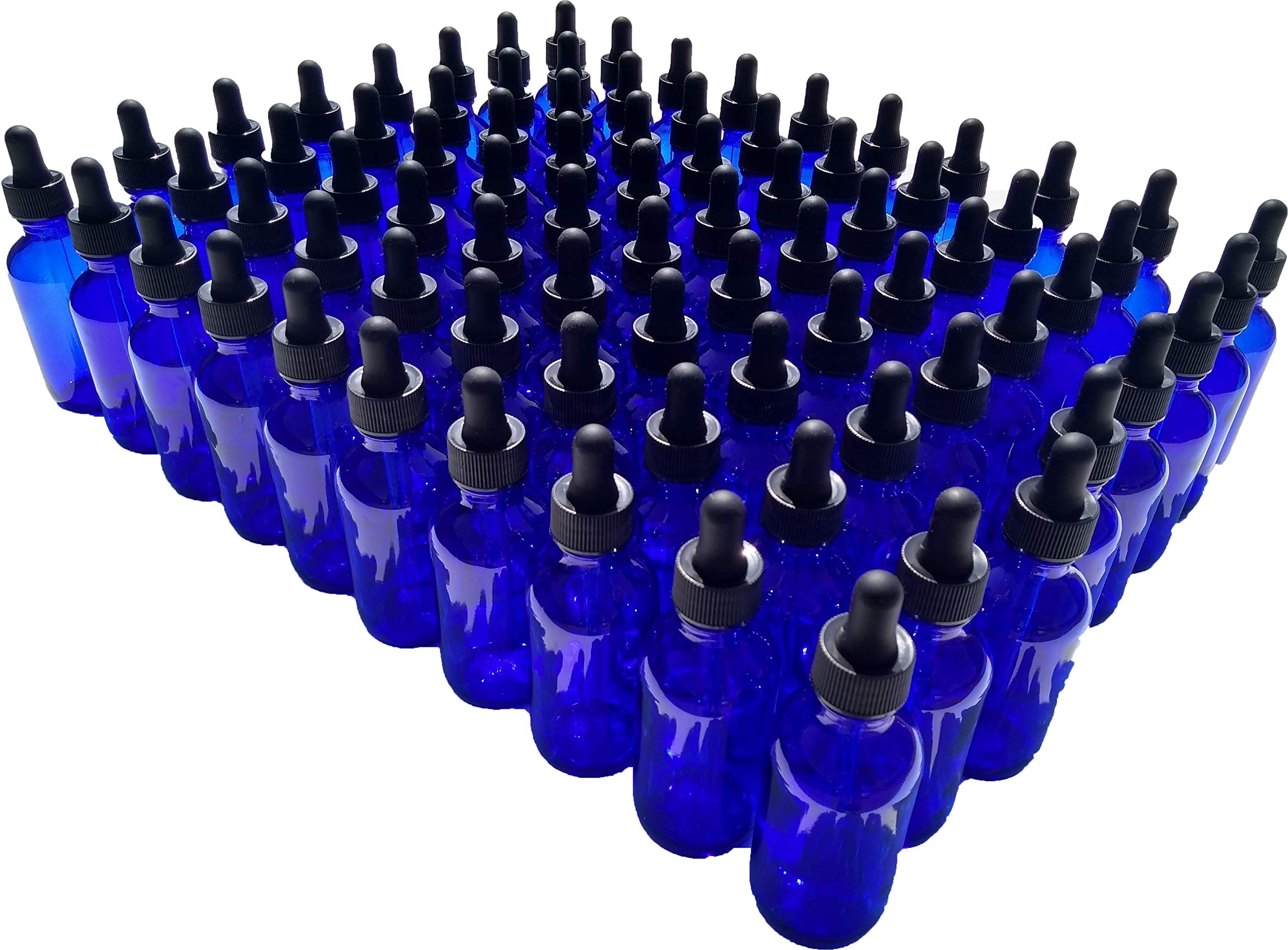 Dropper Stop® 2oz Cobalt Blue Glass Dropper Bottles (60mL) with Tapered Glass Droppers - Pack of 80