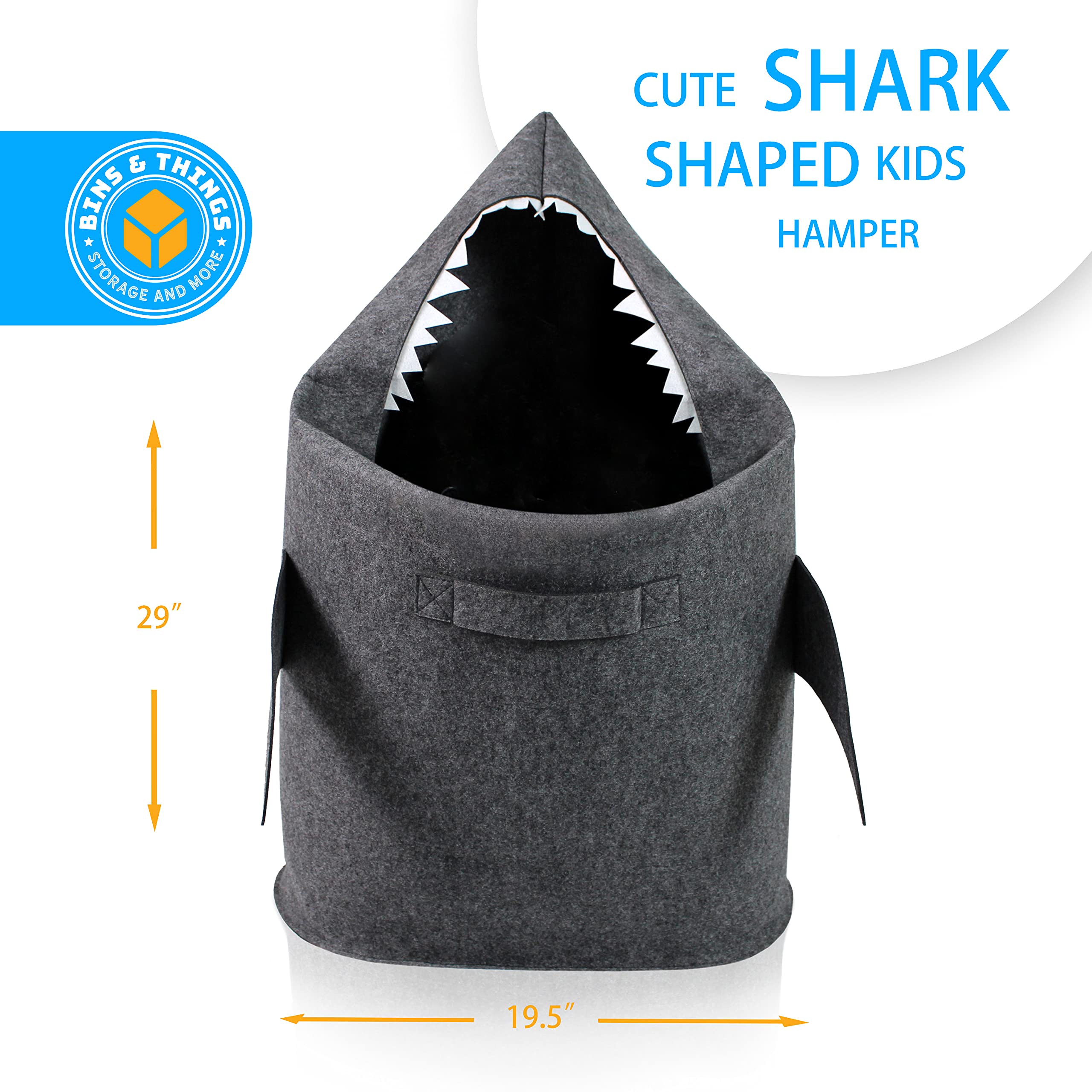 Bins & Things Shark Kids Nursery Boys Laundry Hamper, Laundry Bin | Toy Organizer Basket | Baby Hamper | Baby Laundry Basket with Handles - Real Shark Look with Teeth, Fins, Eyes