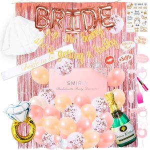 smirly bachelorette party decorations kit: rose gold bridal shower decorations kit, bachelorette party supplies, bride to be decorations, bridal shower decor, bachelorette sash and veil bride balloons