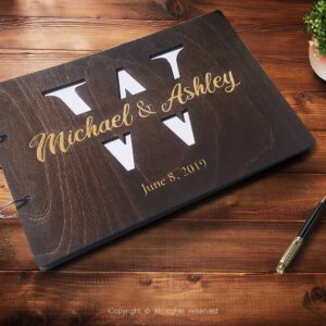 Just Customized Personalized Handmade Mr Mrs Wedding Guest Book for Bride and Groom Wood Alternative Custom Engraved Newlywed Marriage Album (Coffee)