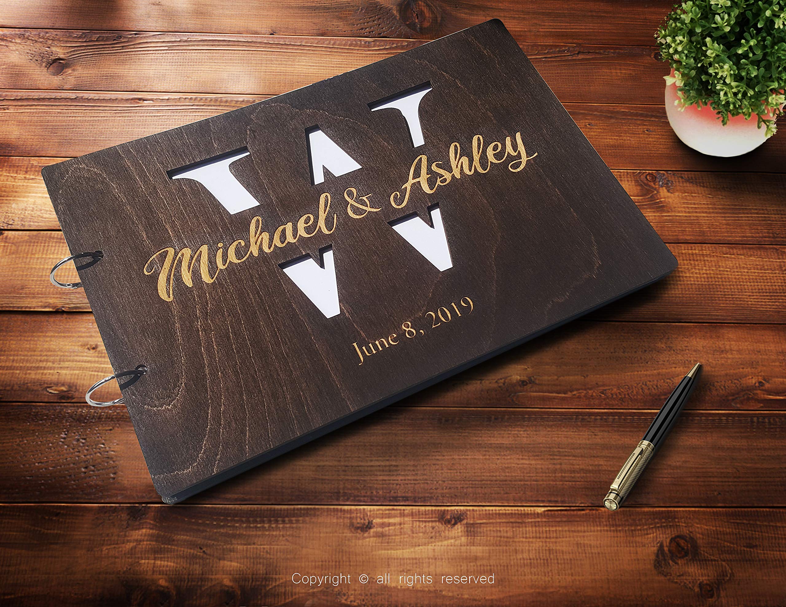 Just Customized Personalized Handmade Mr Mrs Wedding Guest Book for Bride and Groom Wood Alternative Custom Engraved Newlywed Marriage Album (Coffee)