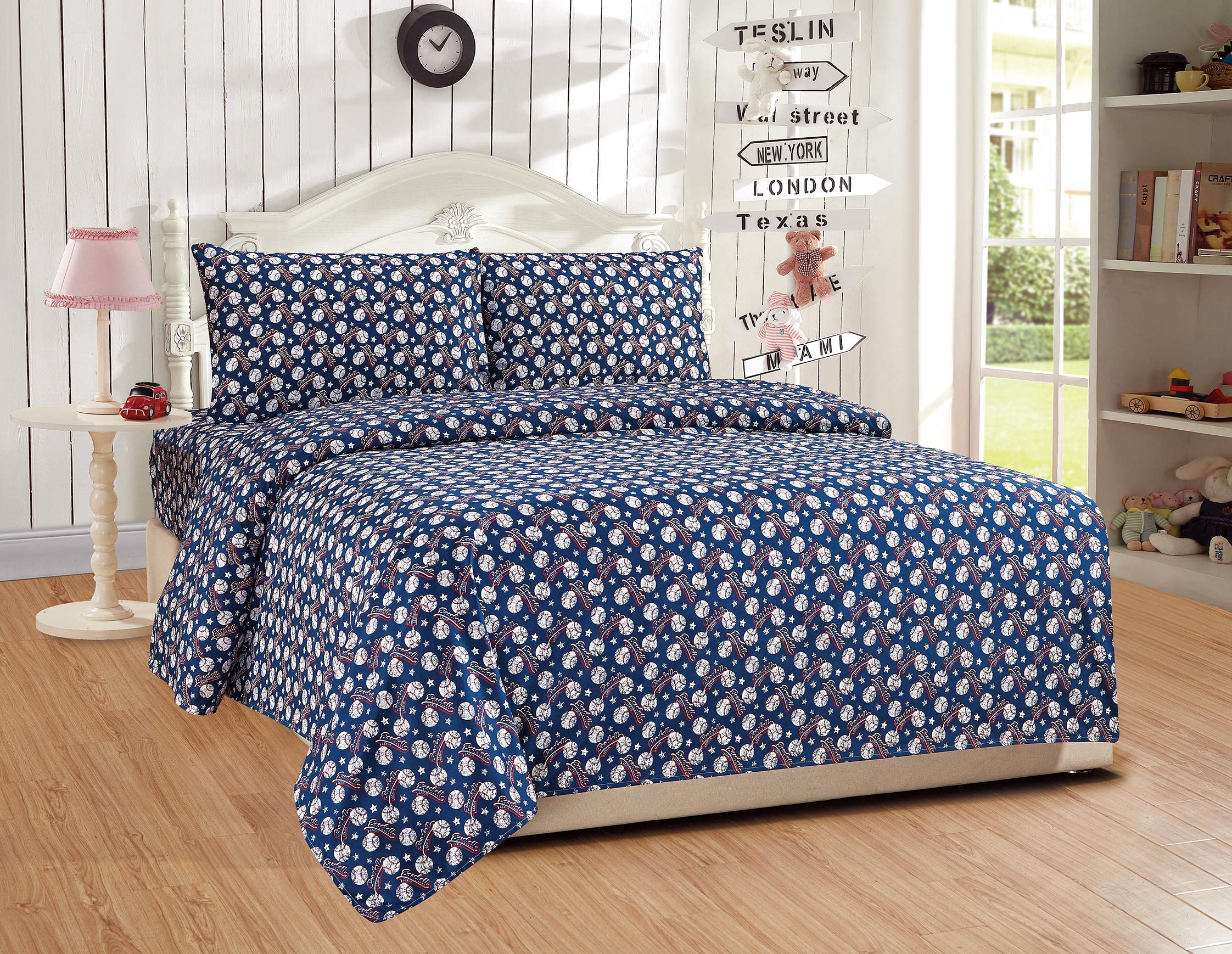 Mk Home Queen Sheet Set for Teens Baseball Dark Blue Red White New