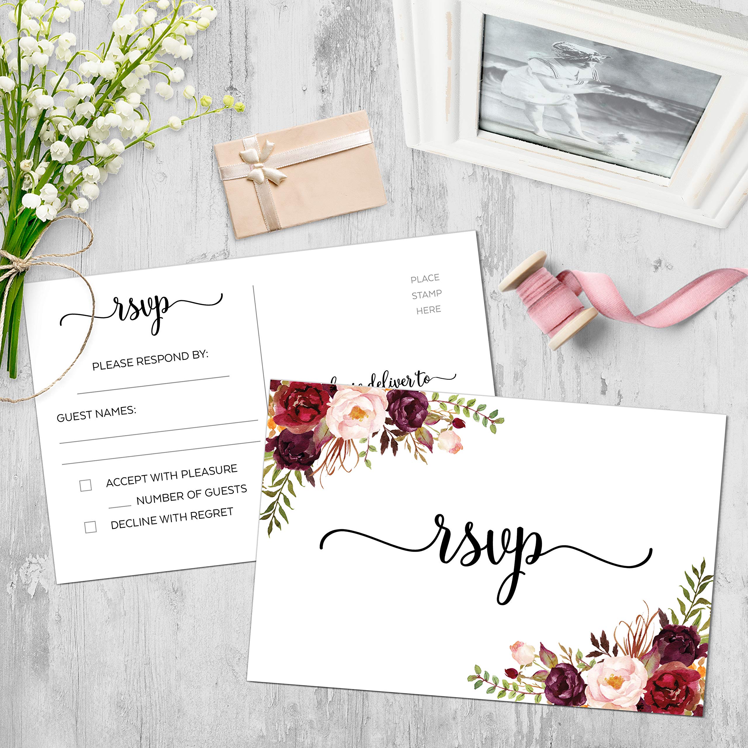 321Done RSVP Postcards (Set of 50) Red Roses Floral 4" x 6" - Blank with Mailing Side, Response Cards for Bridal Shower, Wedding, Party - Made in USA - White