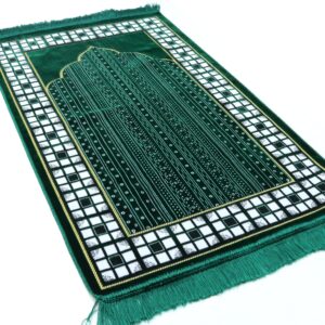 Modefa Turkish Islamic Prayer Rug - Thin & Lightweight Velvet Praying Carpet - Soft Muslim Praying Mat Janamaz - Ramadan or Eid Gift for Men & Women - with Car Hanger - Vined Arch (Green)