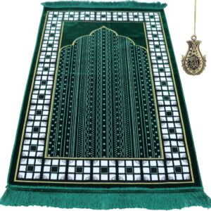 modefa turkish islamic prayer rug - thin & lightweight velvet praying carpet - soft muslim praying mat janamaz - ramadan or eid gift for men & women - with car hanger - vined arch (green)