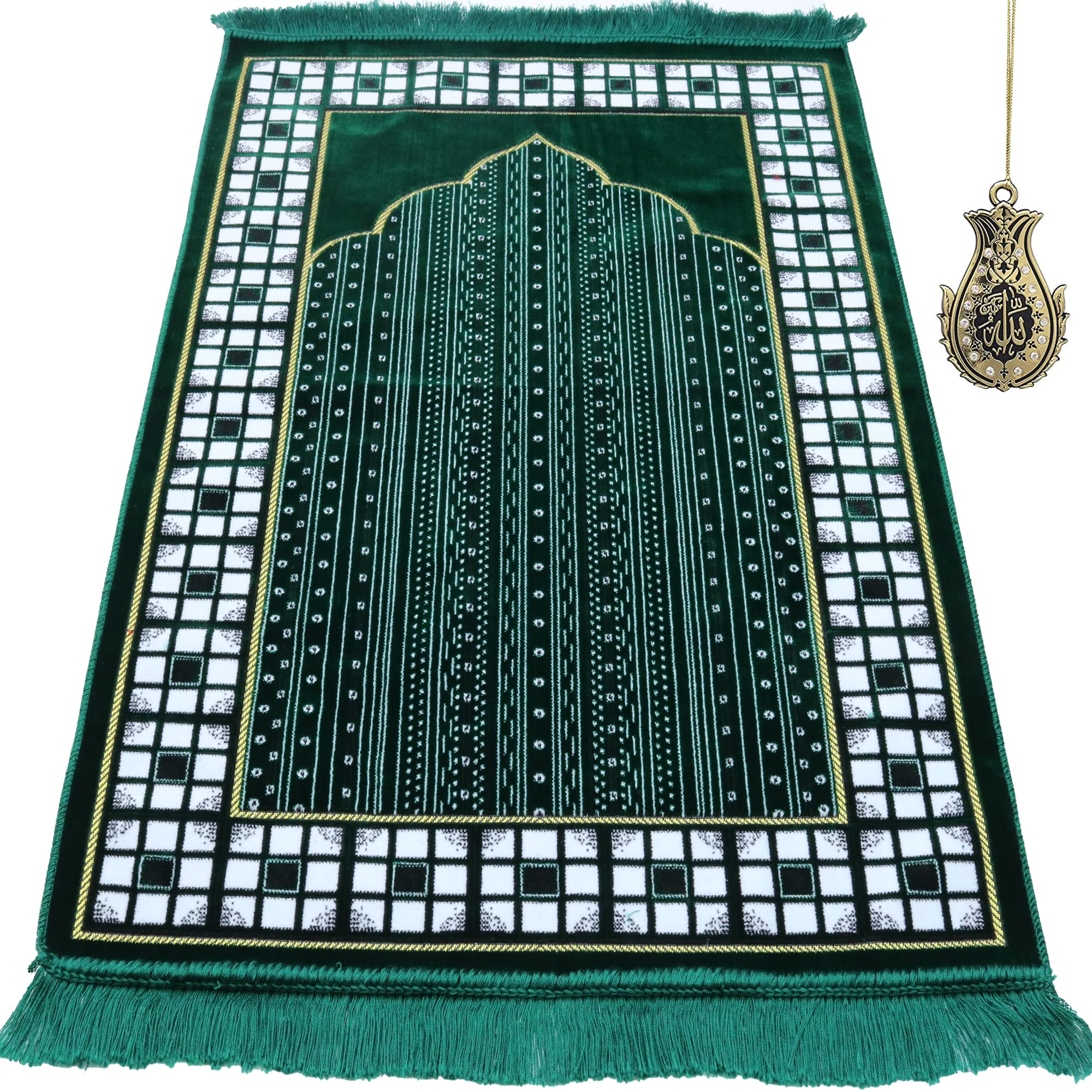 Modefa Turkish Islamic Prayer Rug - Thin & Lightweight Velvet Praying Carpet - Soft Muslim Praying Mat Janamaz - Ramadan or Eid Gift for Men & Women - with Car Hanger - Vined Arch (Green)