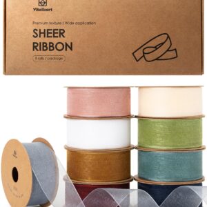 Vitalizart 1" x 90Yd Organza Ribbon Mixed Color Sheer Ribbons Set 10 Yd x 9 Rolls Handmade for Gift Wrapping Christmas Tree Crafts Bows Wedding Invitations Wreaths Wrap