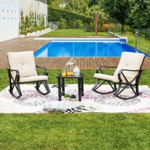 lokatse home 3-piece outdoor patio rocking steel furniture bistro set with 2 rocker and 1 metal square coffee table(khaki thickened cushion)