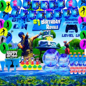 gaming party supplies birthday decoration set 142 pack - balloons, toppers, bottle stickers labels, stickers, wall poster, banner video game themed & more