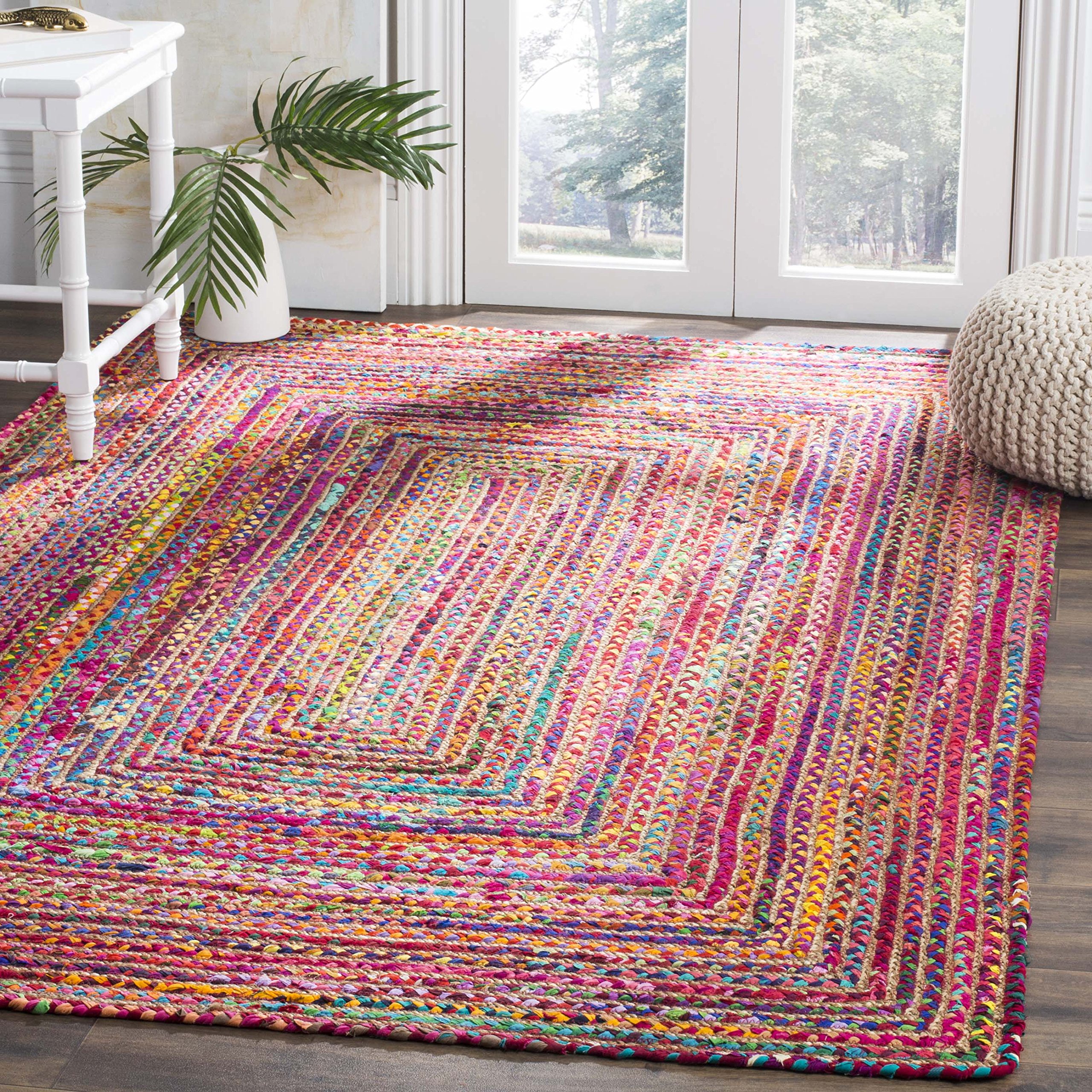 SAFAVIEH Cape Cod Collection 4' Square Red / Multi CAP202A Handmade Boho Braided Jute & Cotton Area Rug