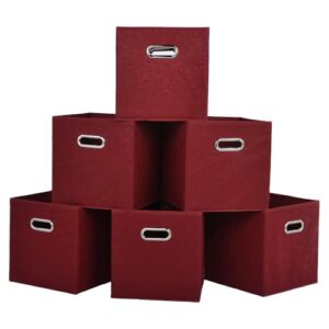 ikebana 11 inches embossed claret red cube storage bins, foldable fabric storage bins drawers clothes organizer collapsible cube storage bins, metal handles 6 pack