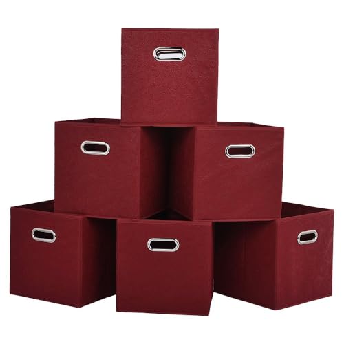 IKEBANA 11 inches Embossed Claret Red Cube Storage Bins, Foldable Fabric Storage Bins Drawers Clothes Organizer Collapsible Cube Storage Bins, Metal Handles 6 Pack