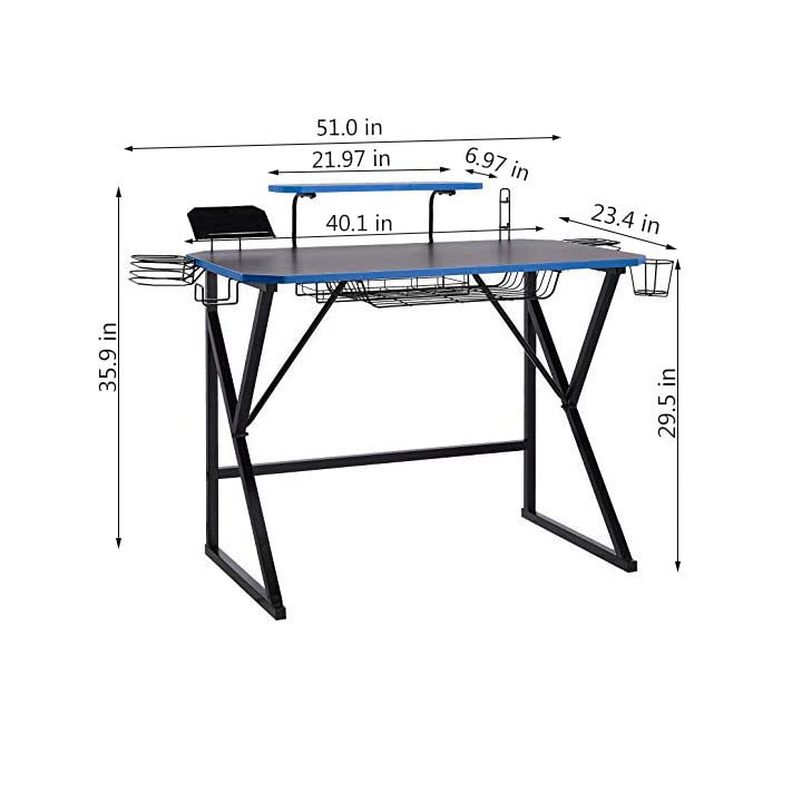 Amazon Basics Rectangular Gaming Computer Desk With Storage For Controller, Headphone & Speaker, Blue & Black, 23.4" D x 51" W x 35.9" H