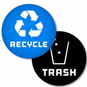 recycle trash sticker magnets for kitchen trash cans and recycle bins - 4in circle - combo for garbage cans and recycle bins (blue - magnetic)