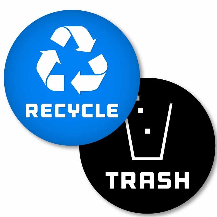 Recycle Trash Sticker Magnets for Kitchen Trash cans and Recycle Bins - 4in Circle - Combo for Garbage cans and Recycle Bins (Blue - Magnetic)