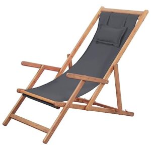 vidaxl beach sling patio chair, outdoor folding deck chair with solid wooden frame, patio lounge chair for balcony, fabric and wooden frame gray