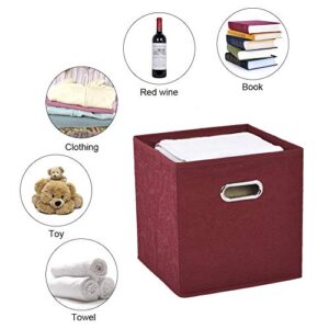 IKEBANA 11 inches Embossed Claret Red Cube Storage Bins, Foldable Fabric Storage Bins Drawers Clothes Organizer Collapsible Cube Storage Bins, Metal Handles 6 Pack