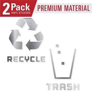 Recycle and Trash Stickers Modern Logo (1 ea) Symbol to Organize Trash cans or Garbage containers and Walls - Vinyl Decal Sticker (XSmall -Reversed - Silver Metallic)