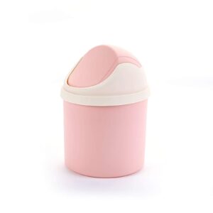 desktop mini plastic waste garbage can with lid, stylish countertop trash bin table waste paper basket round small trash can for office bathroom children bedroom, pink