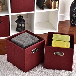 IKEBANA 11 inches Embossed Claret Red Cube Storage Bins, Foldable Fabric Storage Bins Drawers Clothes Organizer Collapsible Cube Storage Bins, Metal Handles 6 Pack